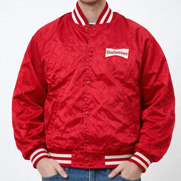 Budweiser | Jackets & Coats | Vintage Budweiser Satin Bomber Jacket Red ...